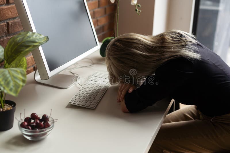 Tired Woman at the Computer in Office Stock Photo - Image of pink, girl ...