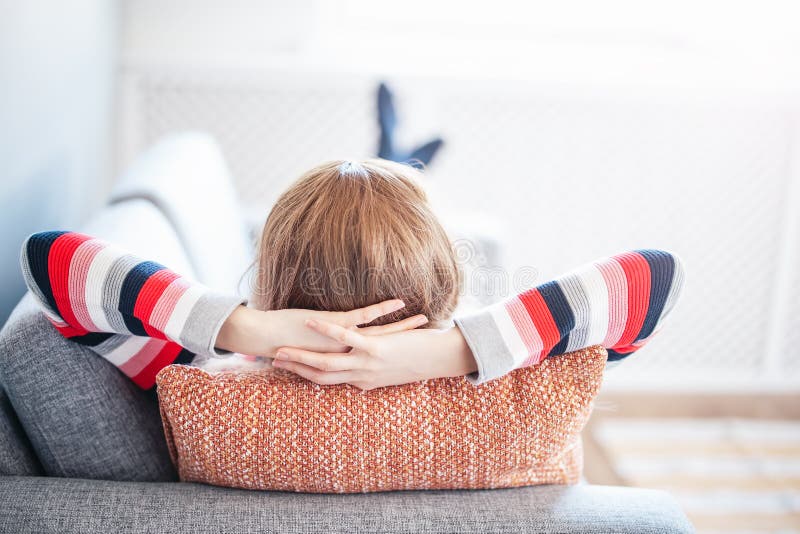 Tired Woman Lying Down on the Couch after Workday. Stock Image - Image ...