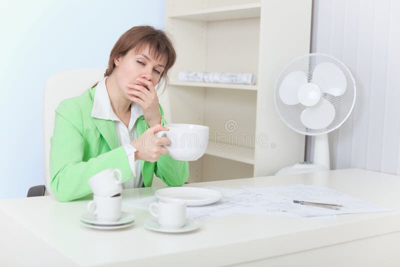 Tired Woman Sits at Table with Big Cup of Coffee Stock Image - Image of ...