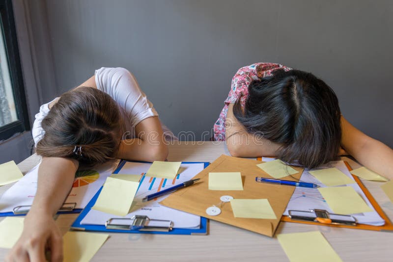 Tired Women Sleeping on Desk Full Sticky Notes Stock Image - Image of ...