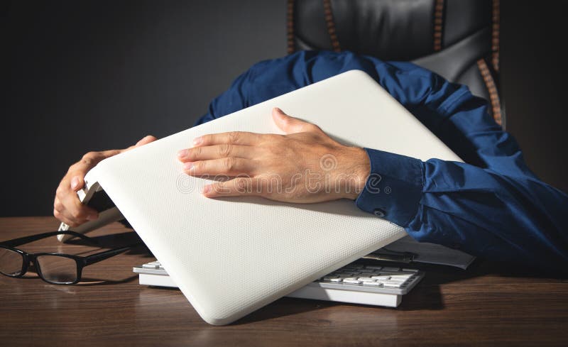Tired Worker Sleeping on the Desk with Laptop Stock Image - Image of ...