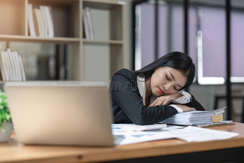 Tired Young Business Woman with Laptop Computer, Document Stock Image ...