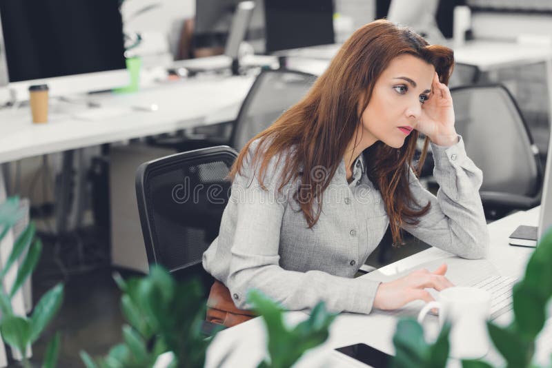 Tired Young Businesswoman Using Desktop Computer Stock Image - Image of ...