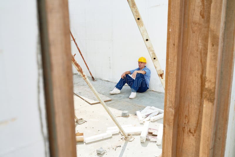 Exhausted Construction Worker Taking Break Stock Image - Image of tired ...