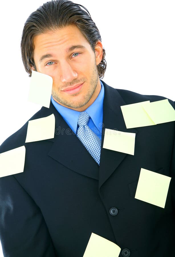 Tired Young Male with Many Post it Stock Photo - Image of handsome ...