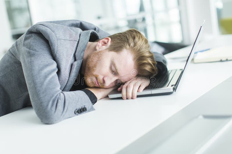 Tired Young Man Sleeping in the Office Stock Photo - Image of computer ...