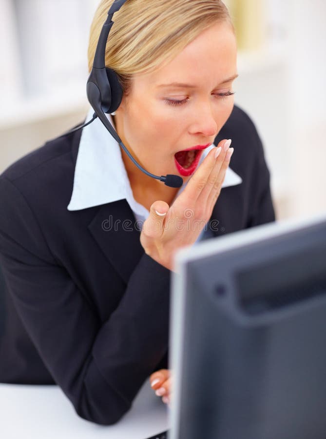 Tired Young Receptionist with Headset Yawning Stock Image - Image of ...