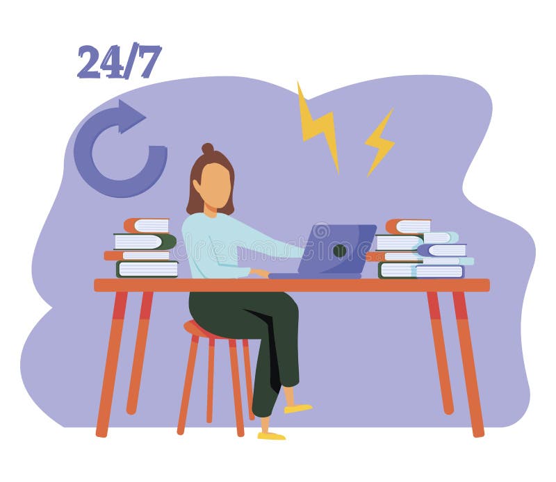 Tired Young Woman Working on Her Laptop among Piles of Papers and ...