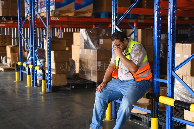 Tiredness from Hard Work Concept. Warehouse Worker Sitting on the Floor ...