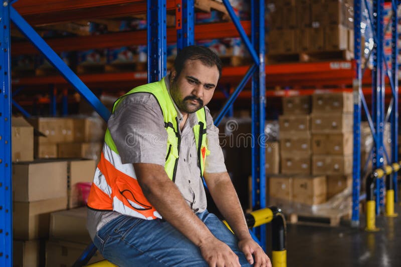 Tiredness from Hard Work Concept. Warehouse Worker Sitting on the Floor ...