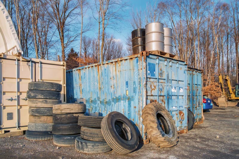 Tires Barrel and Containers Stock Photo - Image of debris, construction ...