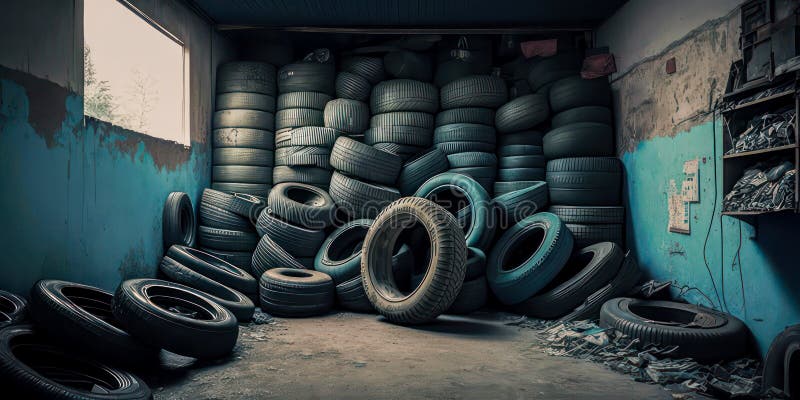 Tires sitting in a garage stock illustration. Illustration of darkness ...