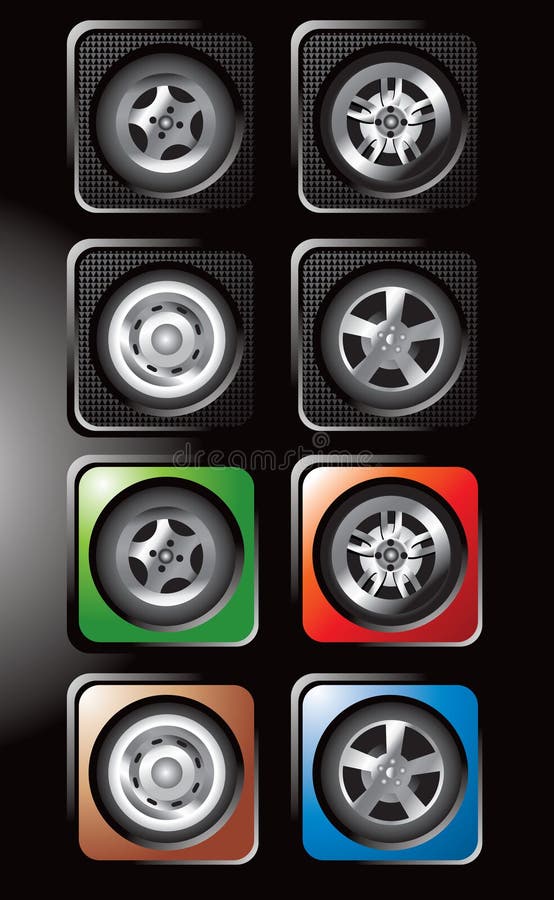 Tires and Various Rims in Square Web Buttons Stock Vector ...