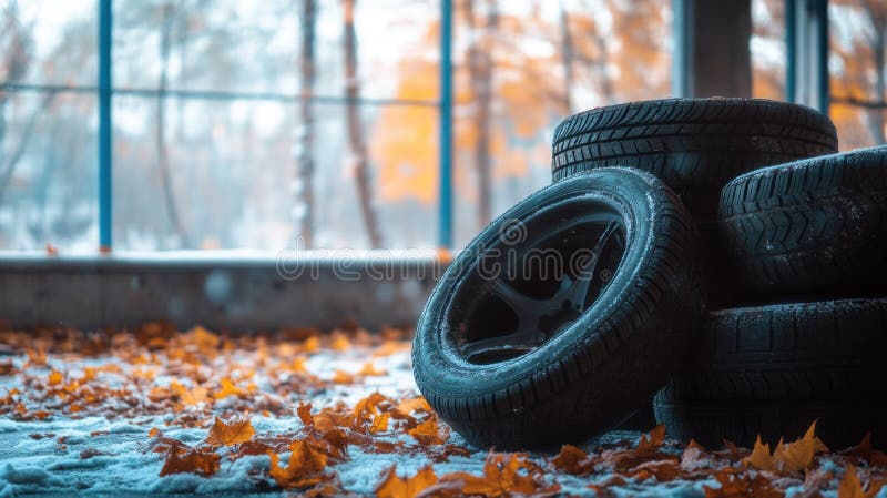 Tires in Winter Workshop with Blurred Background an Background Stock ...