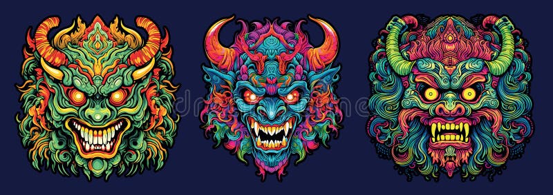 Set of Illustrations of Masks of a Demon Stock Illustration ...