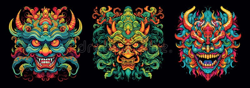 Set of Illustrations of Masks of a Demon - Vector Stock Vector ...
