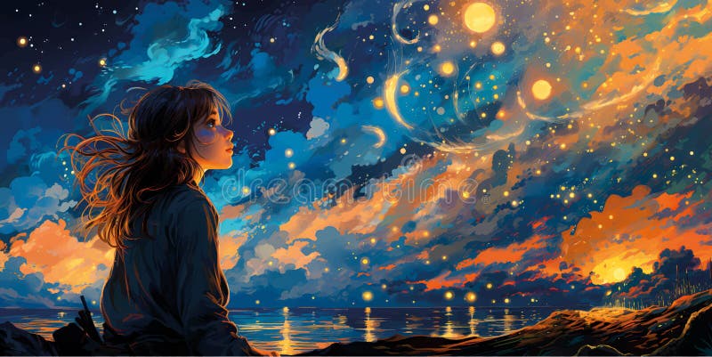 Girl Watching the Stars in Night Sky - Vector Illustration Stock Vector ...