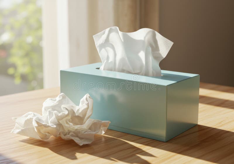 Tissue Box on Sunlit Wooden Table with Crumpled Tissues in Bright Room ...