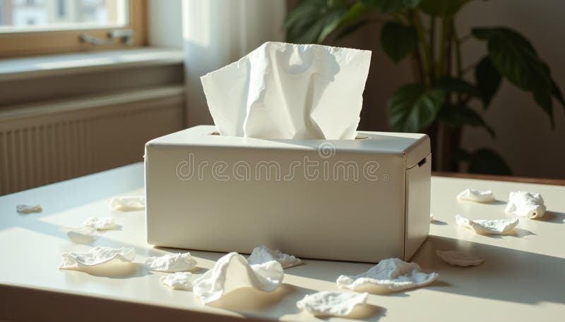 Tissue Box on Table with Scattered Tissues in Sunlight Stock Image ...