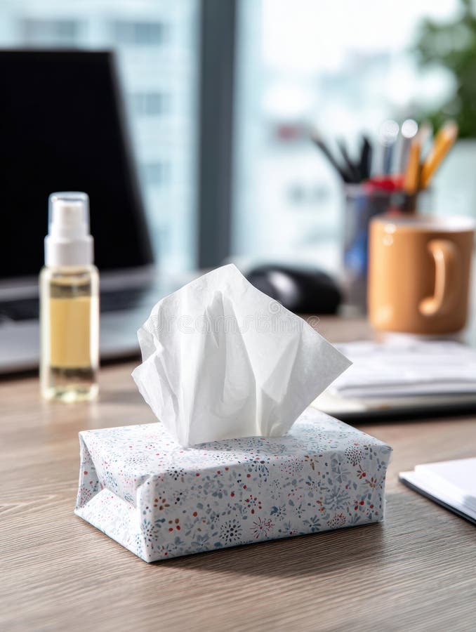 Tissue Packet and Nasal Spray on an Office Desk in a Remote Work ...
