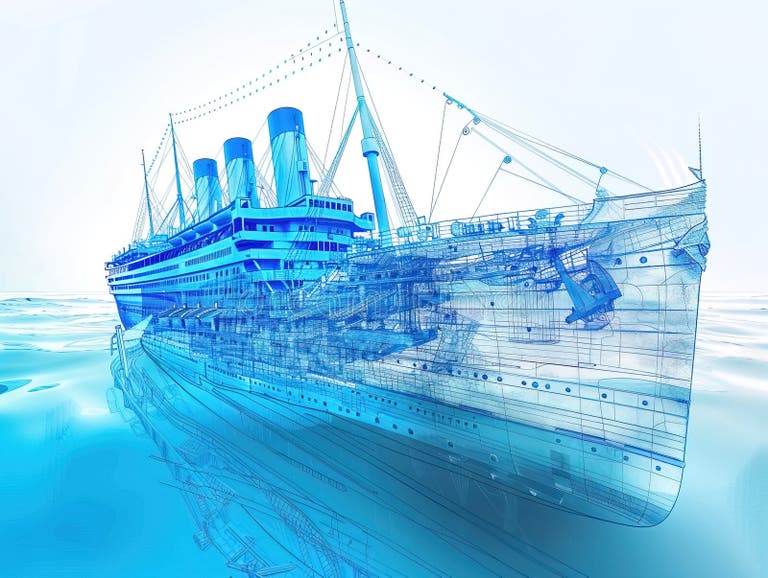 Titanic Visualization with Augmented Reality Transparent Titanic in Studio Drawing in Blue ...