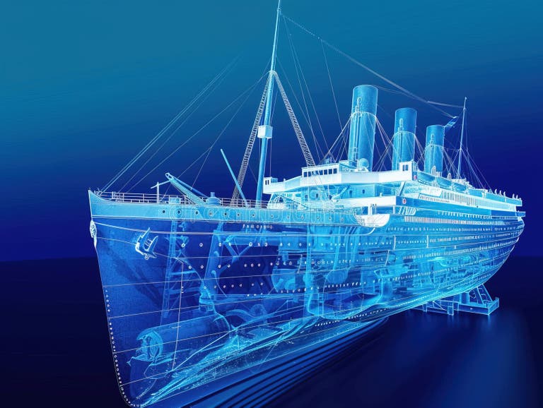Titanic Visualization with Augmented Reality Transparent Titanic in Studio Drawing in Blue ...