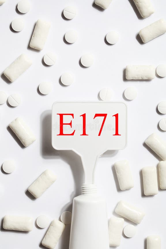 Titanium Dioxide, E171, Dangerous Additive Concept. Gum, Pills ...