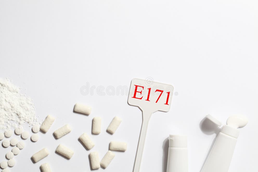 Titanium Dioxide, E171, Dangerous Additive Concept. Gum, Pills ...