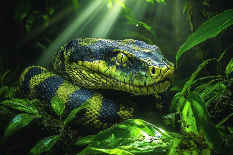 A Titanoboa Snake in a Prehistoric Jungle, Massive and Intimidating ...