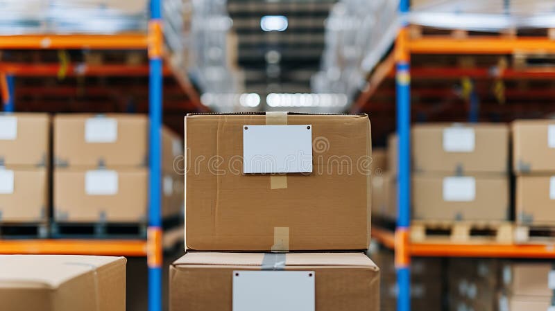 **Title:** Cardboard Boxes Stacked in Warehouse with Blank Labels ...