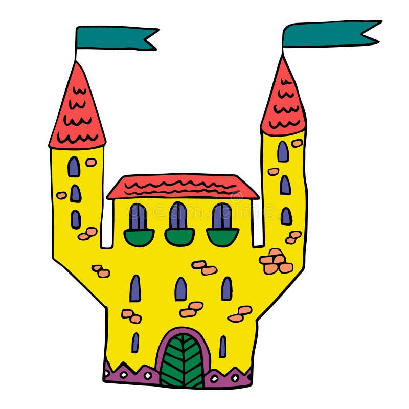 Cartoon Linear Doodle Retro Castle with Flag Isolated Stock Vector ...