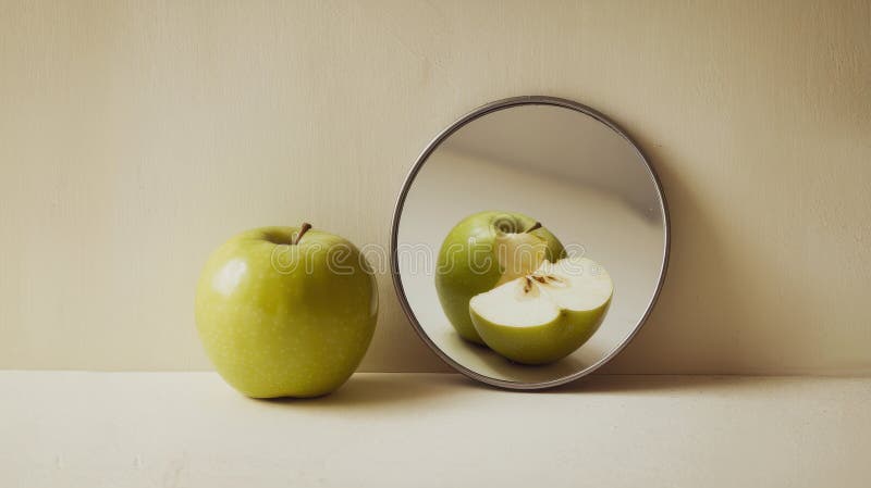 Title Green Apple and Mirror with Reflection, Simple Still Life ...