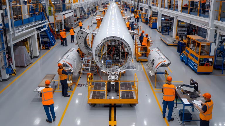**Title:** High-tech Airplane Manufacturing Facility: Workers ...