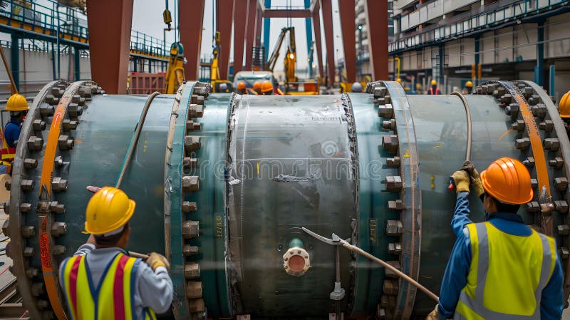 **Title:** Industrial Workers Inspecting Large Diameter Pipe Section ...