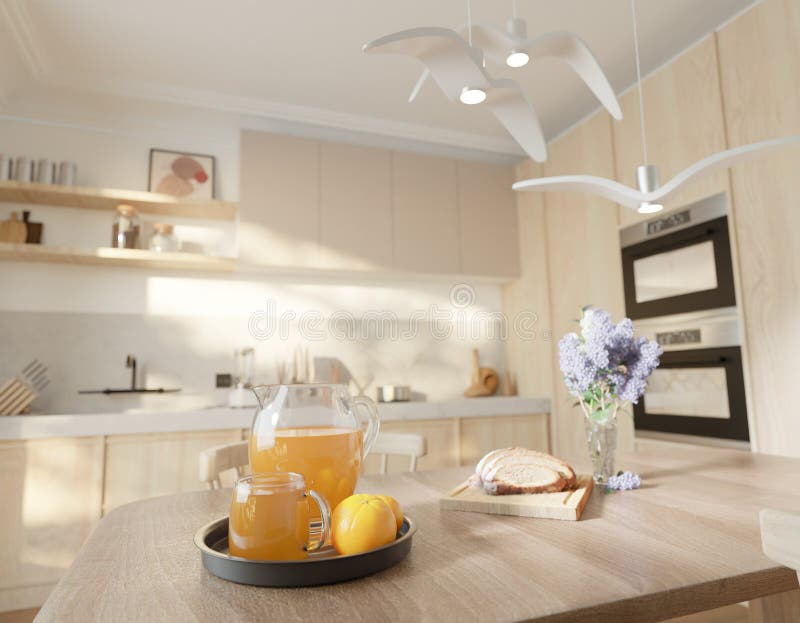 Warm Modern Kitchen Design Includes Wood Component. Stock Illustration ...