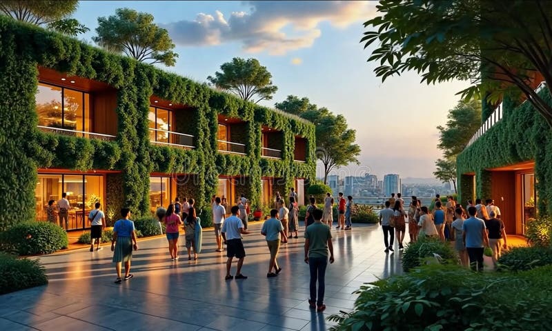 **Title:** Modern Eco-Friendly Hotel Rooftop Terrace with People ...