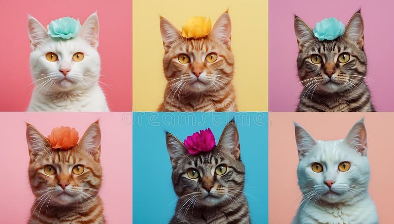 Title: Six-panel Digital Artwork, Each Panel Features a Cat with a ...