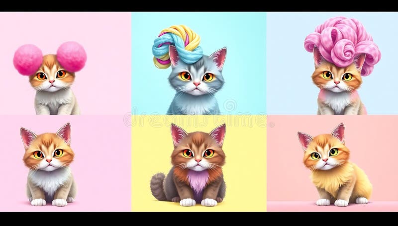 Title: Six-panel Digital Artwork, Each Panel Features a Cat with a ...