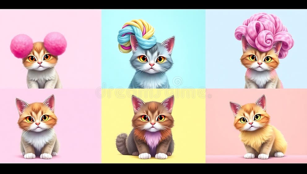 Title: Six-panel Digital Artwork, Each Panel Features a Cat with a ...