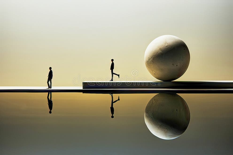 Title: Surreal Image of a Large Sphere on a Plane with Two Small Human ...