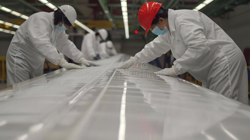 **Title:** Workers in Cleanroom Assemble Large Composite Panel ...