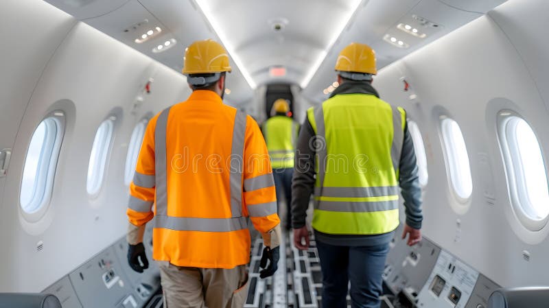 **Title:** Workers in Safety Vests Walking through Airplane Cabin ...