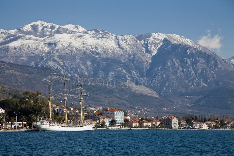 Tivat Bay with Sailboat and Hill Stock Image - Image of cloud, sailboat ...