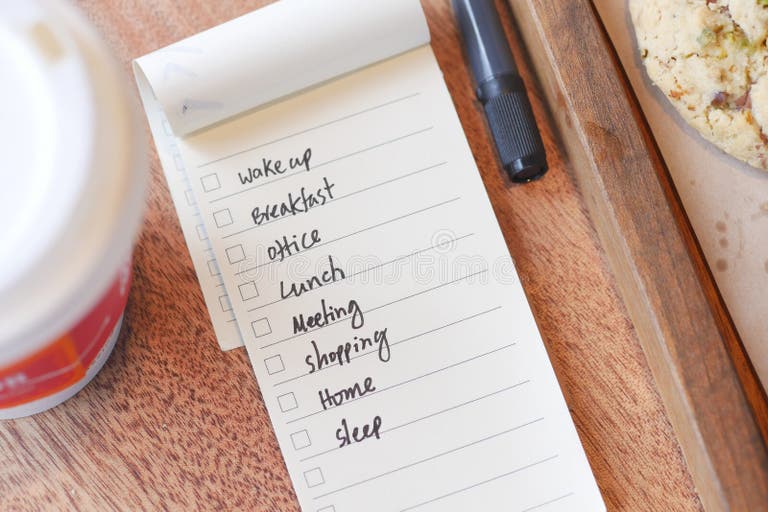 Daily To-do List with Breakfast Items and Coffee on Wooden Table Stock ...