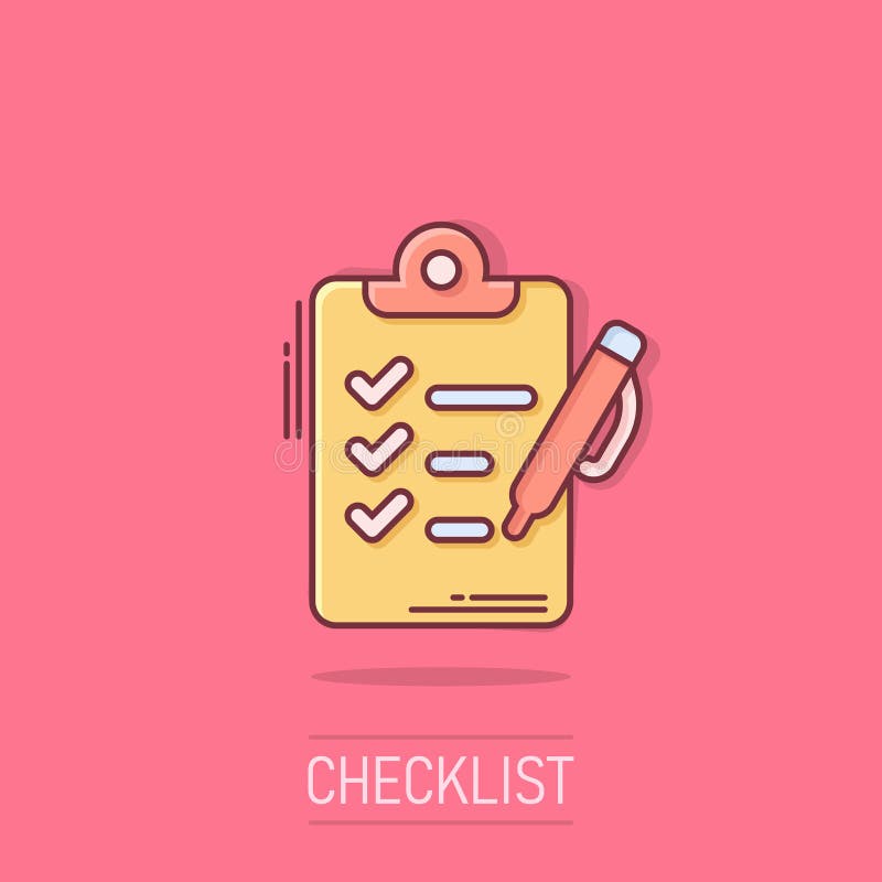 Document Checklist Icon in Comic Style. Report Cartoon Vector ...