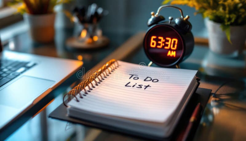 To-do List Notebook and Alarm Clock on Office Desk at 6:30 am Stock ...