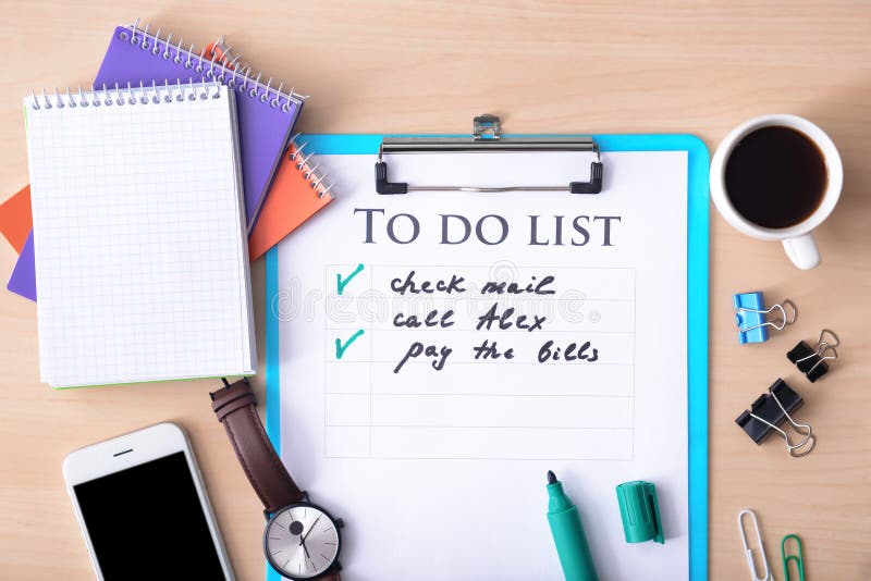 To-do List with Phone and Stationery on Wooden Table Stock Photo ...