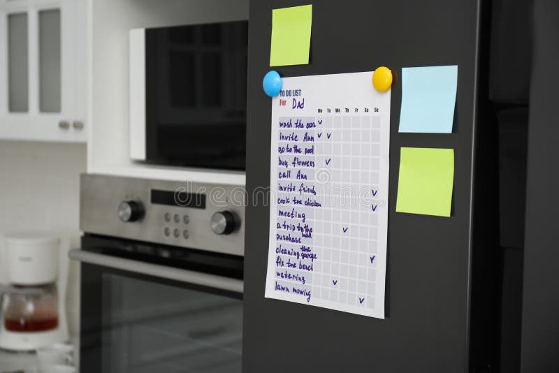 To Do List and Notes on Fridge in Kitchen. Space for Text Stock Image ...