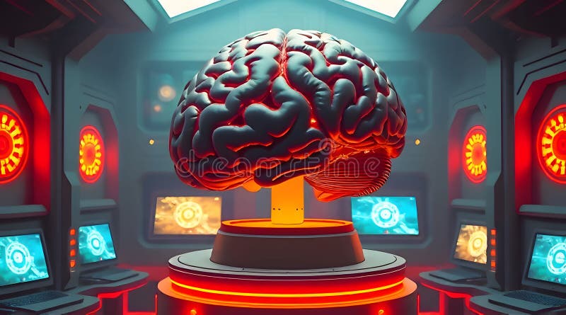 A Colossal Human Brain Connected To One or More Computers. Stock ...