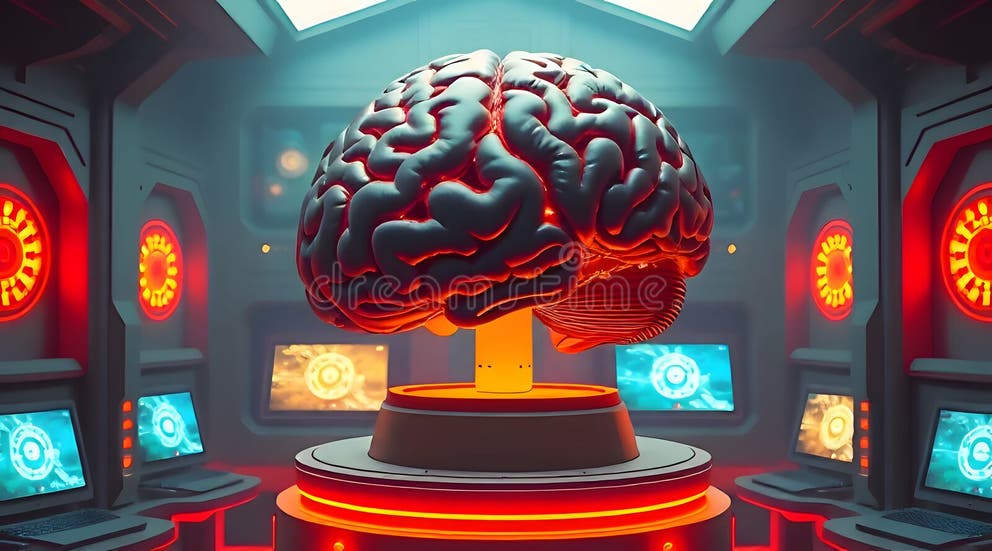 A Colossal Human Brain Connected To One or More Computers. Stock ...